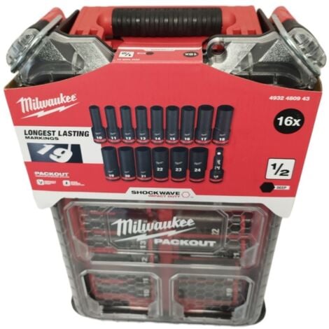 Milwaukee 4932480943 Coffret de 16 douilles 1/2 Shockwave longues avec ...