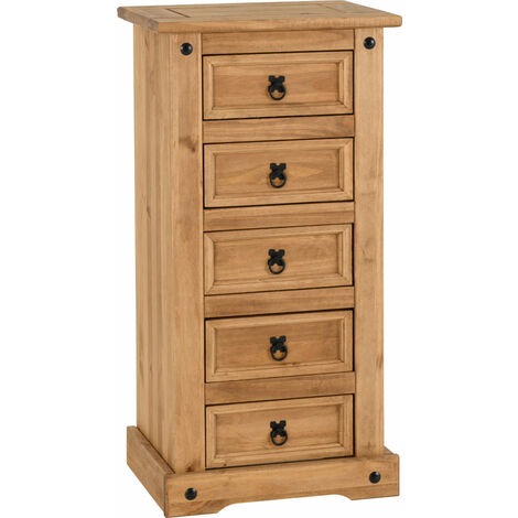 Corona 5 Drawer Narrow Chest of Drawers Distressed Waxed Pine Metal Handles