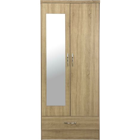 Nevada Mirrored Wardrobe 2 Door 1 Drawer Wardrobe Sonoma Oak Effect