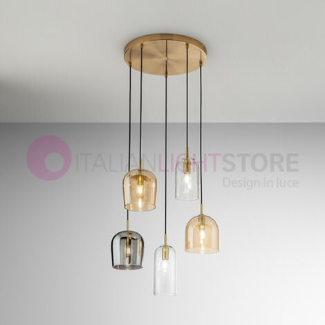Lampadario Contemporaneo Coro Metallo Ottone Brunito Vetro Multicolor 5 ...