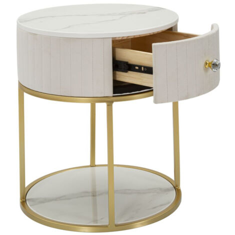 Table de Chevet MF17, Métal, Bois, Tissu, PU, Beige, Or, Blanc, 42x42x48 cm