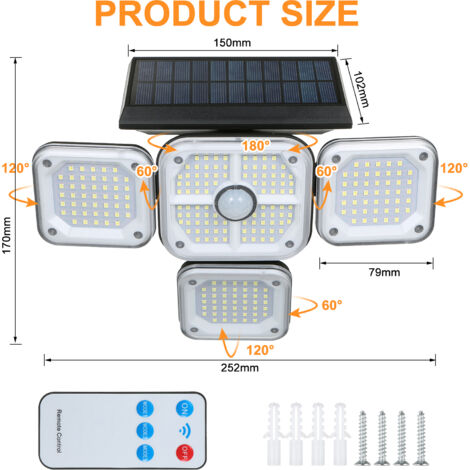 Neoglint lampe murale solaire 231 LED détecteur PIR extérieur