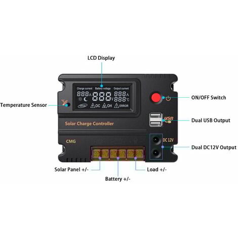 Contrôleur de Charge Solaire LCD 10A 12V 24V - Régulateur de Batterie ...