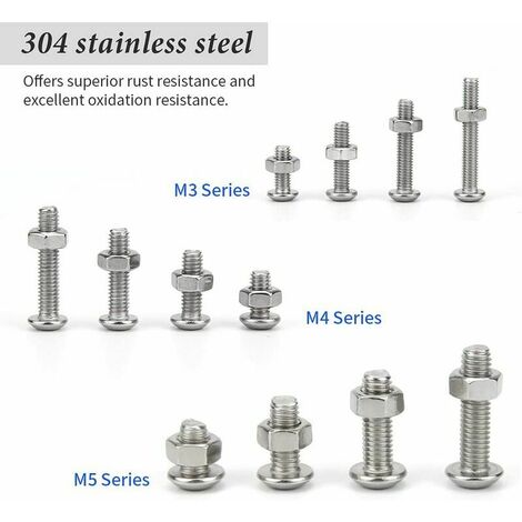 Coffrets de Boulons et Écrous M3 M4 M5 en Acier Inoxydable 304 - 500 Pièces - Bouton à Tête ...