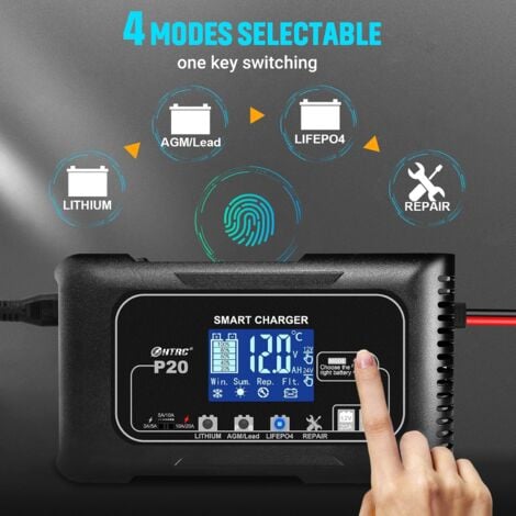 Chargeur de Batterie Voiture 20A 12V/24V, Chargeur Batterie Moto avec Écran LCD et Boutons ...
