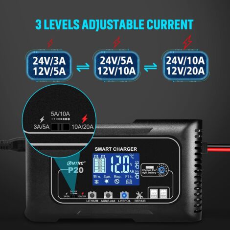 Chargeur de Batterie Voiture 20A 12V/24V, Chargeur Batterie Moto avec Écran LCD et Boutons ...