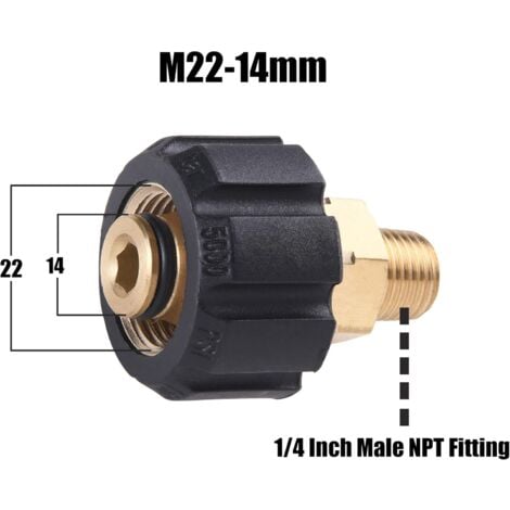 Adaptateur de nettoyeur haute pression, femelle métrique M22 à 1/4 pouce mâle NPT raccord, 5000 PSI