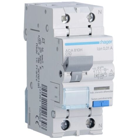 Interruttore Magnetotermico Acc 1Pn 10Ma A 10A 4.5Ka C 2M ( HAGER cod. ACA810H )