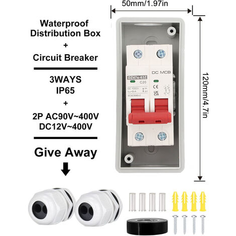 Ej.Life 2P DC Disjoncteur Miniature, 1000V 20A IP65 Disjoncteur de Déconnexion étanche pour ...