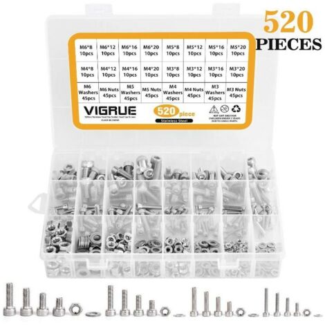 520 pièces M3 M4 M5 M6 vis à tête cylindrique à six pans creux en acier ...