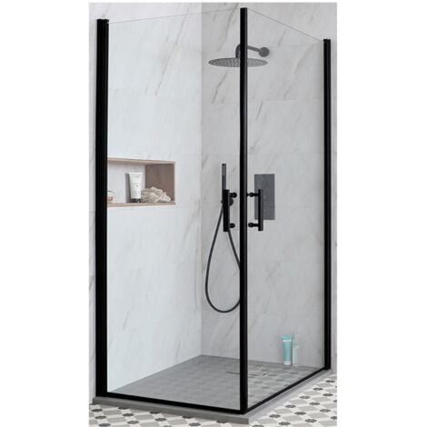 Milano Nero - Black Corner Walk In Wet Room Hinged Double Door Shower Enclosure with Light Grey ...