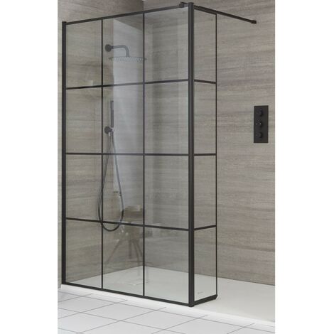 Milano Barq Black Recessed Walk In Wet Room Shower Enclosure with Grid Pattern Screen Hinged ...