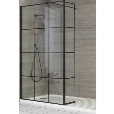 Milano Barq Recessed Walk In Wet Room Shower Enclosure with Black Grid Pattern Screen Hinged ...