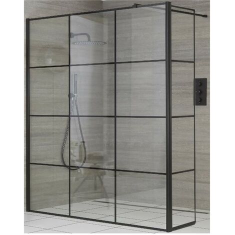 Milano Barq 1000mm Black Recessed Walk In Wet Room Shower Enclosure with Grid Pattern Screen ...