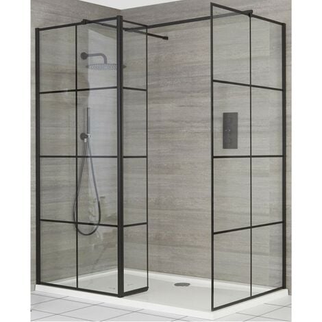 Milano Barq Corner Walk In Wet Room Shower Enclosure with Black Grid Pattern Screens Hinged ...