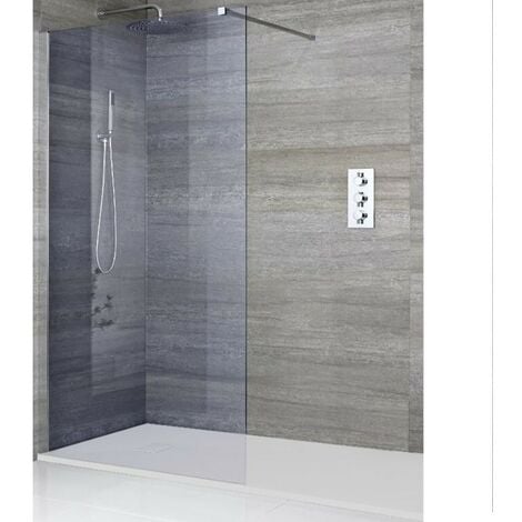Milano Portland-Luna - Chrome Recessed Walk In Frameless Wet Room Shower Enclosure with Smoked ...