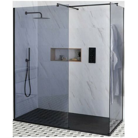 Milano Nero-Luna - Black Corner Walk In Frameless Wet Room Shower Enclosure with Smoked Glass ...