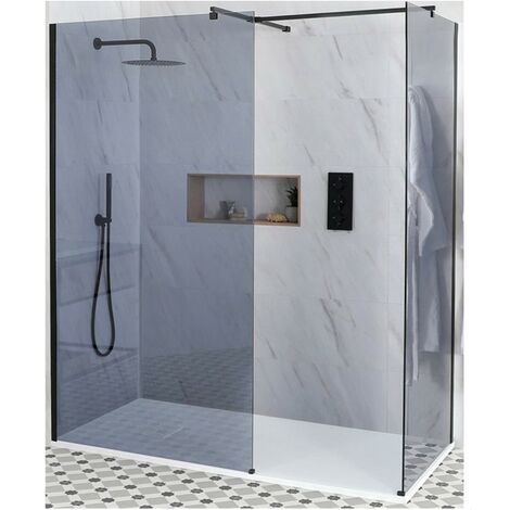 Milano Nero-Luna - Black Corner Walk In Frameless Wet Room Shower Enclosure with Smoked Glass ...