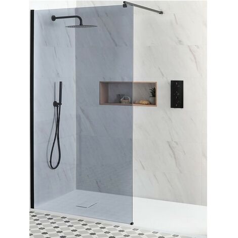 Milano Nero-Luna - Black Recessed Walk In Frameless Wet Room Shower Enclosure with Smoked Glass ...