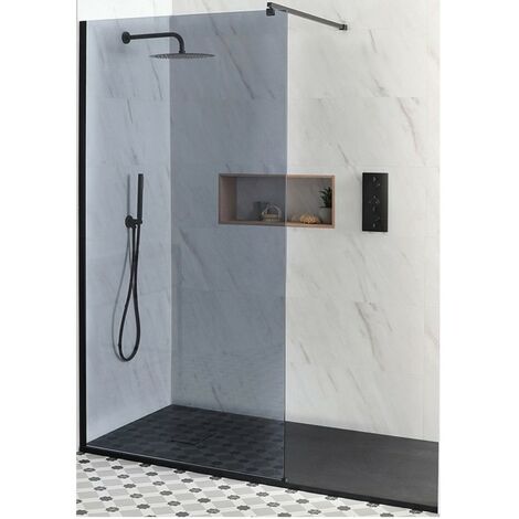 Milano Nero-Luna - Black Recessed Walk In Frameless Wet Room Shower Enclosure with Smoked Glass ...
