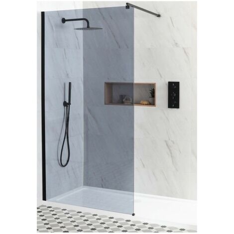 Milano Nero-Luna - Black Recessed Walk In Frameless Wet Room Shower Enclosure with Smoked Glass ...