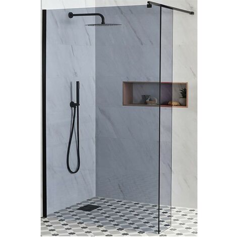 Milano Nero-Luna - 800mm Black Recessed Walk In Frameless Wet Room Shower Enclosure with Smoked ...