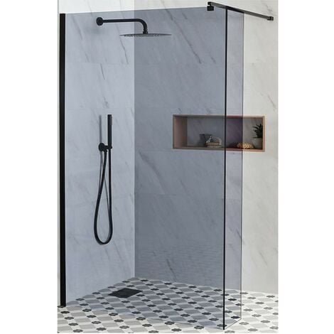 Milano Nero-Luna 1400mm Black Recessed Walk In Frameless Wet Room Shower Enclosure with Smoked ...
