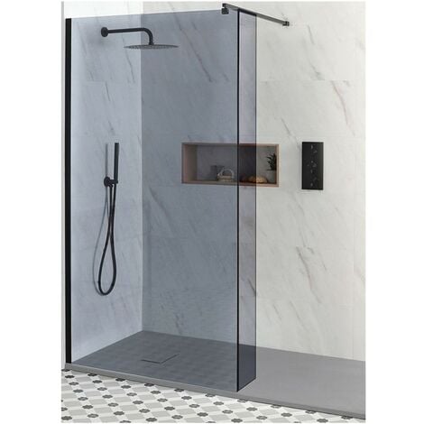 Milano Nero-Luna - Black Recessed Walk In Frameless Wet Room Shower Enclosure with Smoked Glass ...
