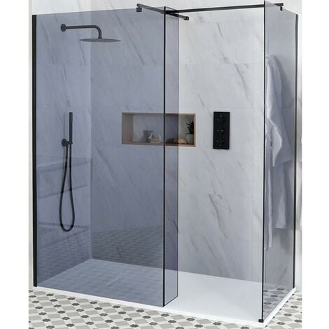 Milano Nero-Luna Black Corner Walk In Frameless Wet Room Shower Enclosure with Smoked Glass ...