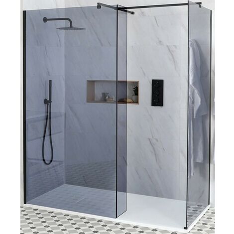 Milano Nero-Luna - Black Corner Walk In Frameless Wet Room Shower Enclosure with Smoked Glass ...