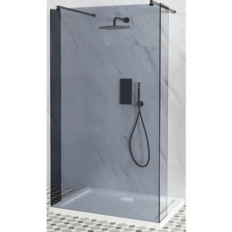 Milano Nero-Luna - Black Floating Walk In Frameless Wet Room Shower Enclosure with Smoked Glass ...
