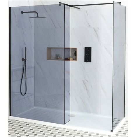 Milano Nero-Luna - Black Corner Walk In Frameless Wet Room Shower Enclosure with Smoked Glass ...