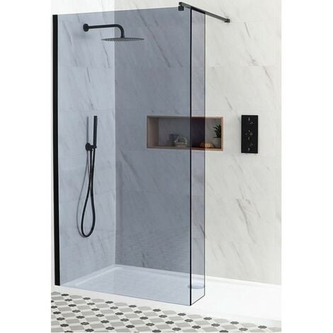 Milano Nero-Luna - Black Recessed Walk In Frameless Wet Room Shower Enclosure with Smoked Glass ...