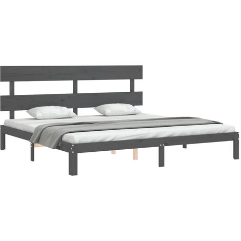 Lit adulte gris 200x200 cm bois massif grand couchage de luxe 44573 ...