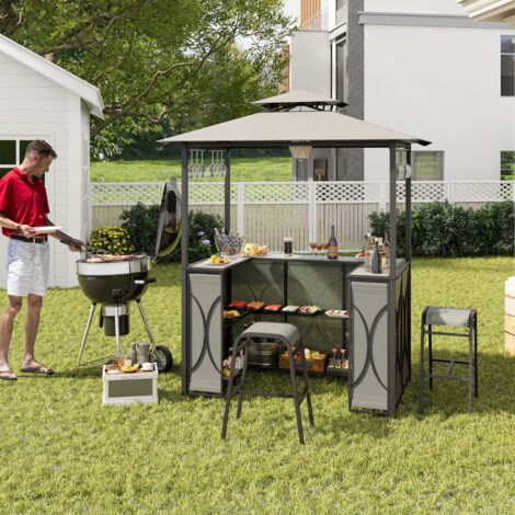 Tonnelle Barbecue 3 Pcs 2 Tabourets Bar Abri Plateau Verre Trempé ...