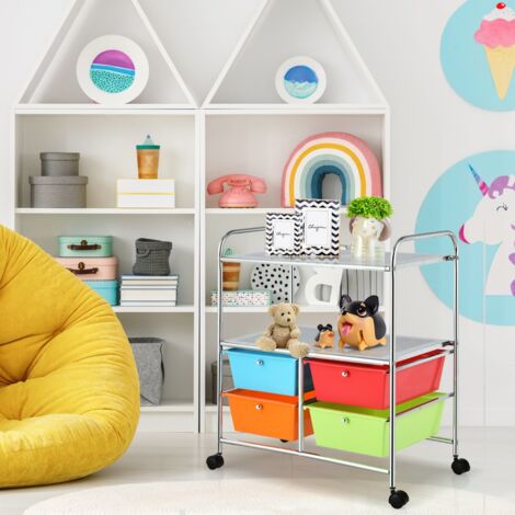 Chariot Rangement 63x37x73,5 cm 2 Étagères 4 Tiroirs Roues 2 Freins ...