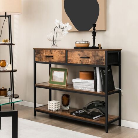 Table Console Industrielle 3 Niveaux 2 Tiroirs 100x30x80cm Cadre Métal ...