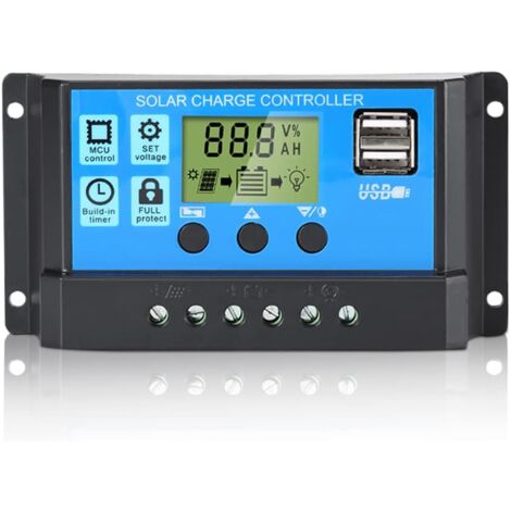 Régulateur de charge de panneau solaire PWM, 12 V/24 V, 30 A, écran LCD, double port USB