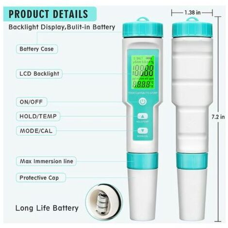 Medidor de pH digital, 7 en 1 Ph/tds/ec/orp/sg/Salinidad/Medidor de temperatura con Atc ...