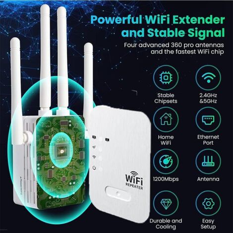 Potente repetidor WiFi, 1200 Mbps, potente amplificador WiFi, doble banda 5 GHz y 2,4 GHz ...