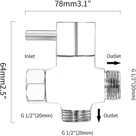 G1/2" 3 Voies Soupape, Valve 3 voies en laiton massif Douchette Composants de Douche Raccord ...