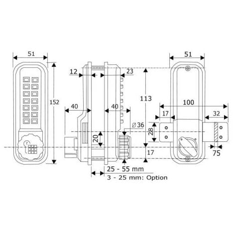 Serrure à code UNICODE Série 2200 Aluminium brossé 51 mm x