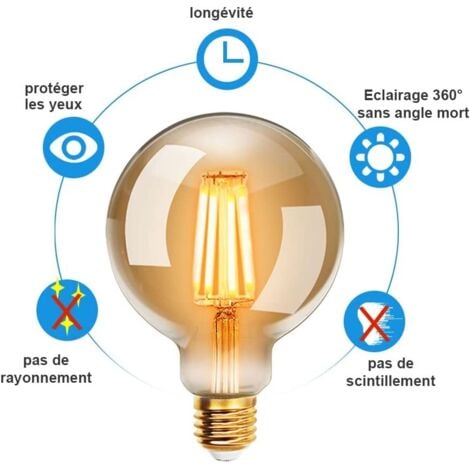 Ampoules LED 6W Edison Vintage G80, Blanc Chaud 2200K E27, Equivalent à Ampoule Incandescente ...