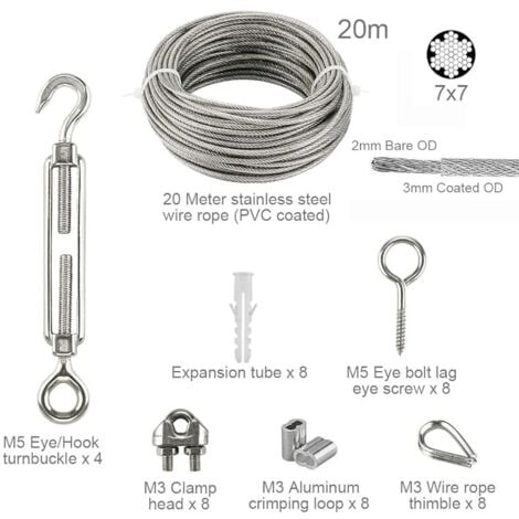 Kits de Câble en Acier Inox, 20m Câble Acier Galvanisé, Kit de Câble ...