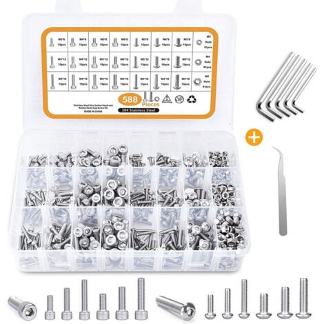588 Assortiment de vis M3 M4 M5 M6 - Vis à tête cylindrique à six pans creux métriques - Acier ...