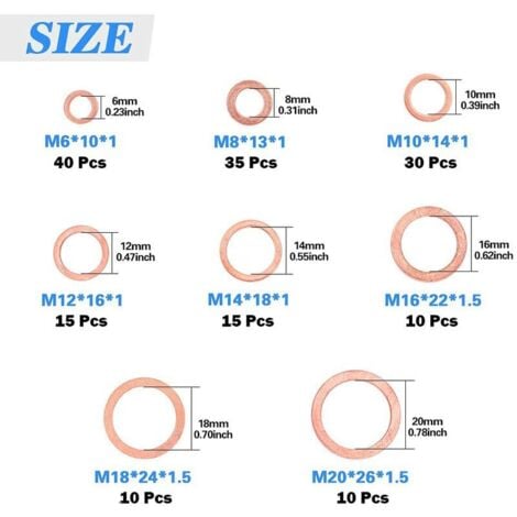 Assortiment de 165 rondelles plates en cuivre métriques - 8 tailles M6 ...