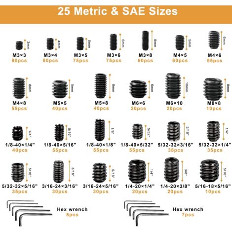Kit d'assortiment de vis de réglage métriques et SAE, 1105 pièces, 25 ...