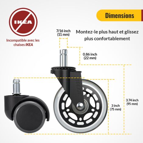 Lot de 5 roulettes chaise bureau de 11 x 22 mm rechange en caoutchouc ...