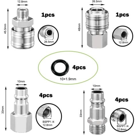 10 Pièces Coupleur Pneumatique d'air Avec Anneau Hermétique,Raccords de Compresseur 1/4" BSP ...