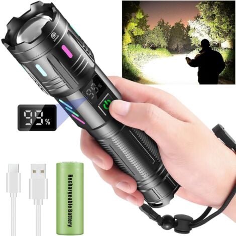 Lampe Torche LED Ultra Puissante 500000 Lumens Rechargeable Longue Portee Tactique Zoomable 5 Modes D eclairage Affichage LCD De La Puissance Classe energetique A
